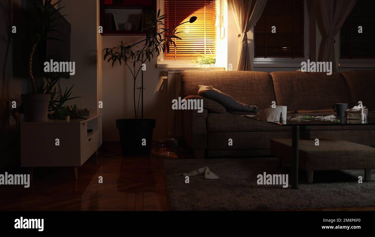 Psychology and mental disorder. Drunk young Caucasian grubby woman sits ...