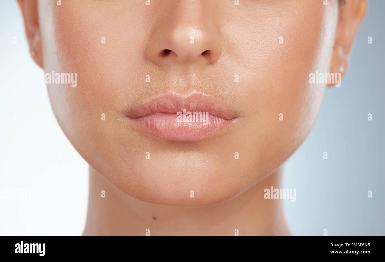 Closeup of perfect lips on unknown woman in studio. Caucasian model ...