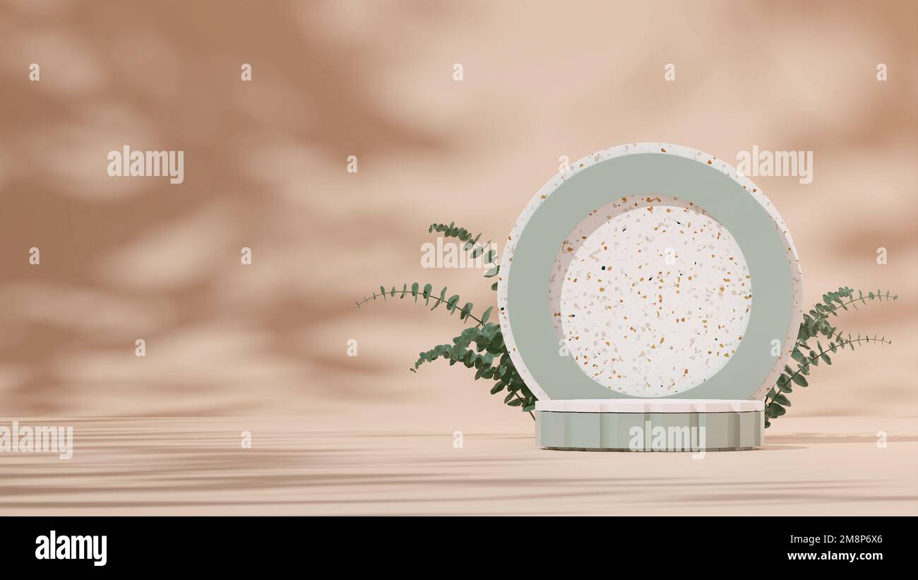 A 3D illustration of a showcase decorated with flowers with copy space ...