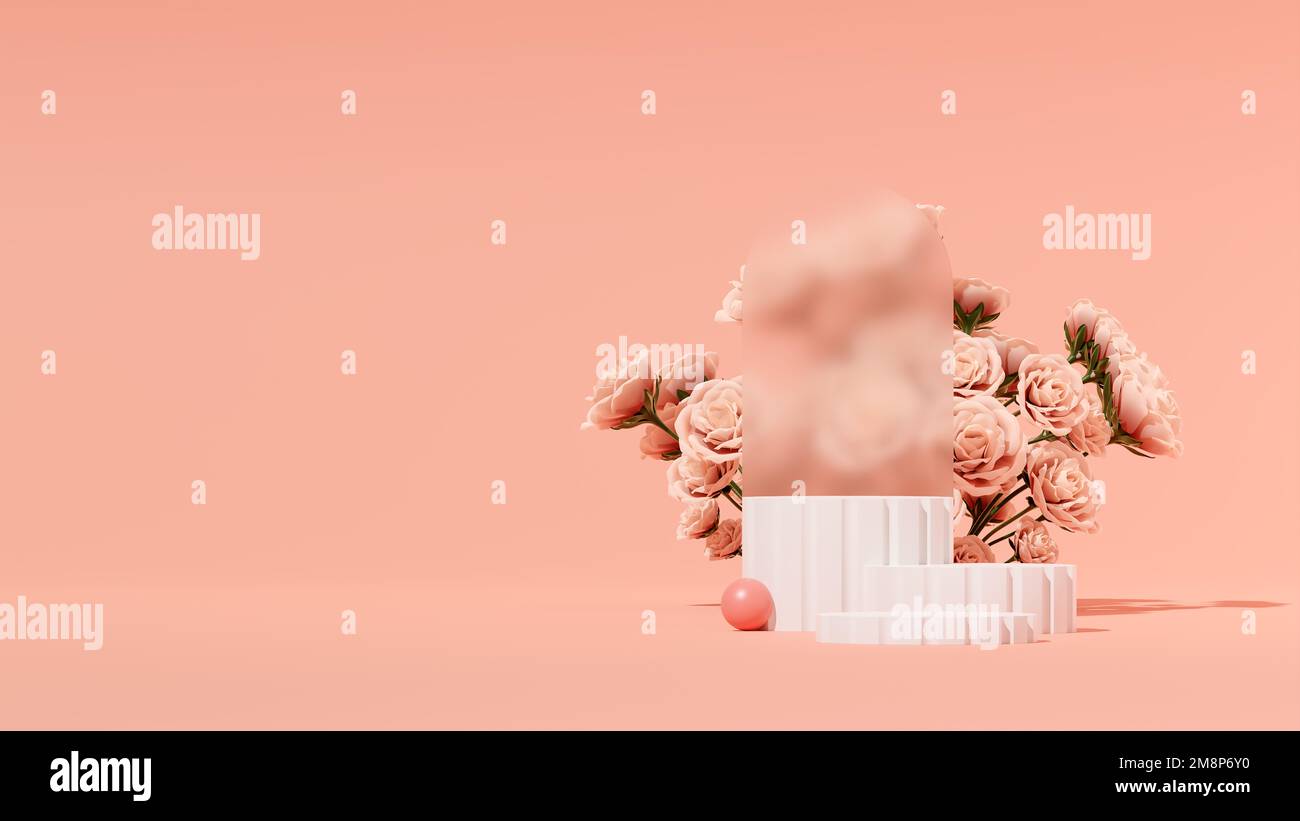 A 3D illustration of a showcase decorated with flowers with copy space ...