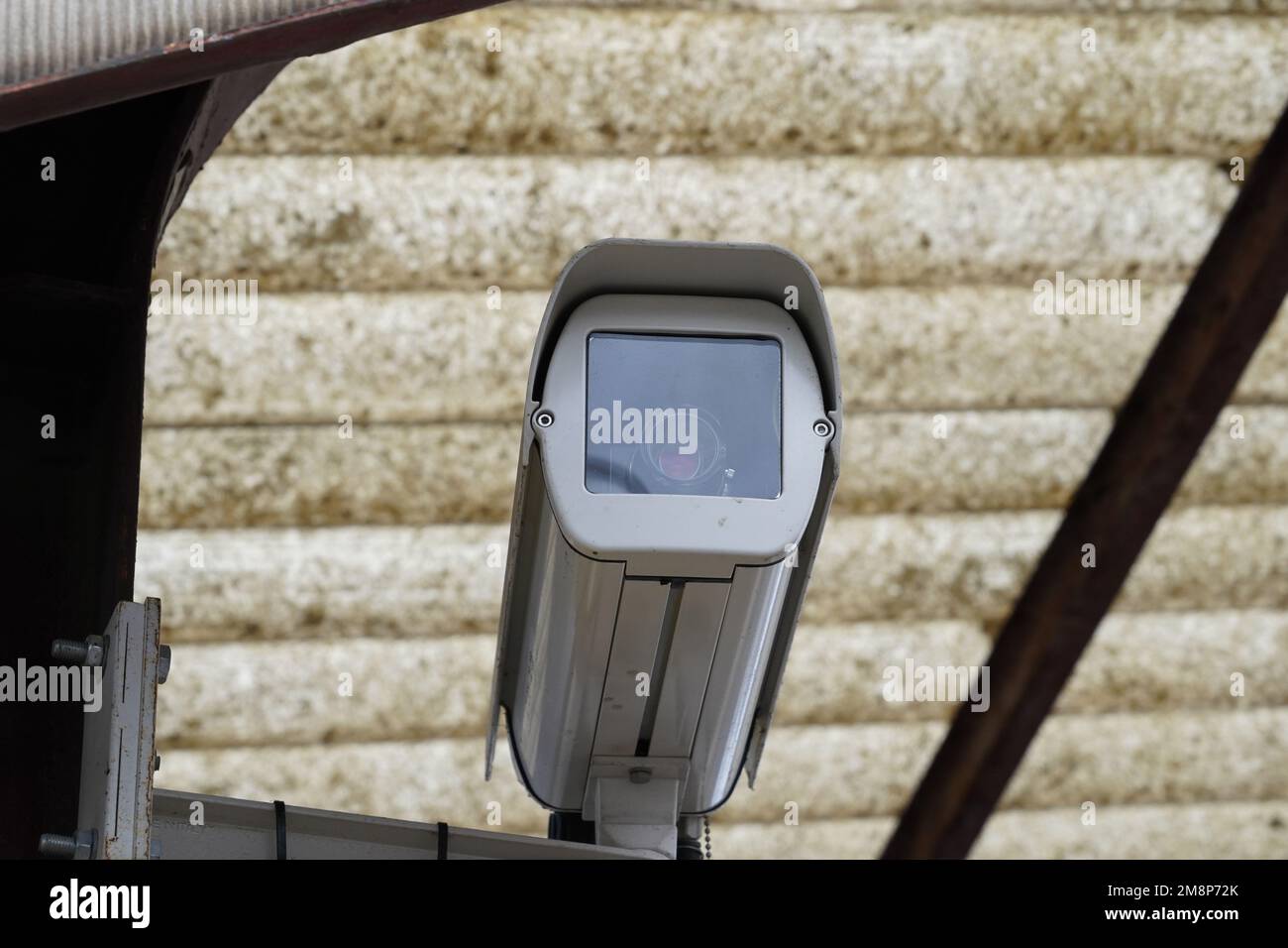 Close up view on industrial security CCTV Camera installed on metal ...