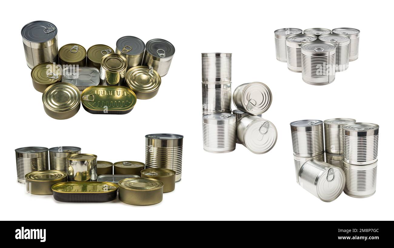 Mix of cans isolated on white background. Copy space Stock Photo - Alamy
