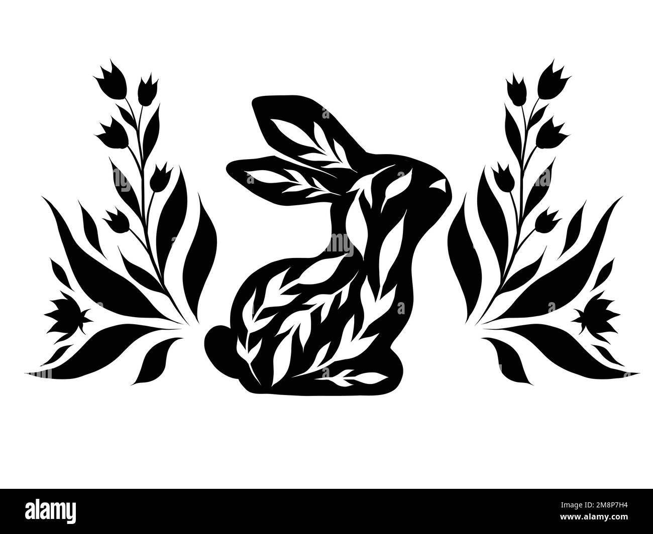 Vector card with black silhouette decorated rabbit in stems wreath ...