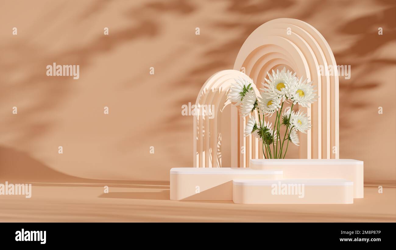 A podium display with white daisy flowers on a solid beige background ...