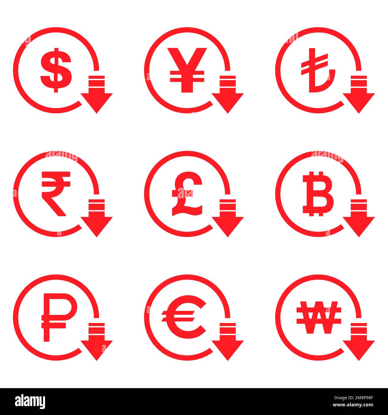 Cost reduction- decrease dollar euro icon. Vector symbol image isolated on background Stock ...