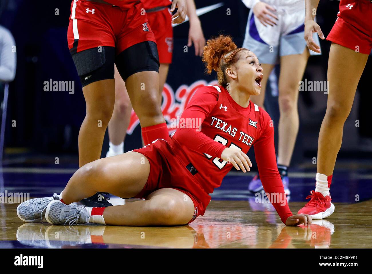 Texas Tech's Ashley Chevalier (25) reacts as she is charged with a foul ...