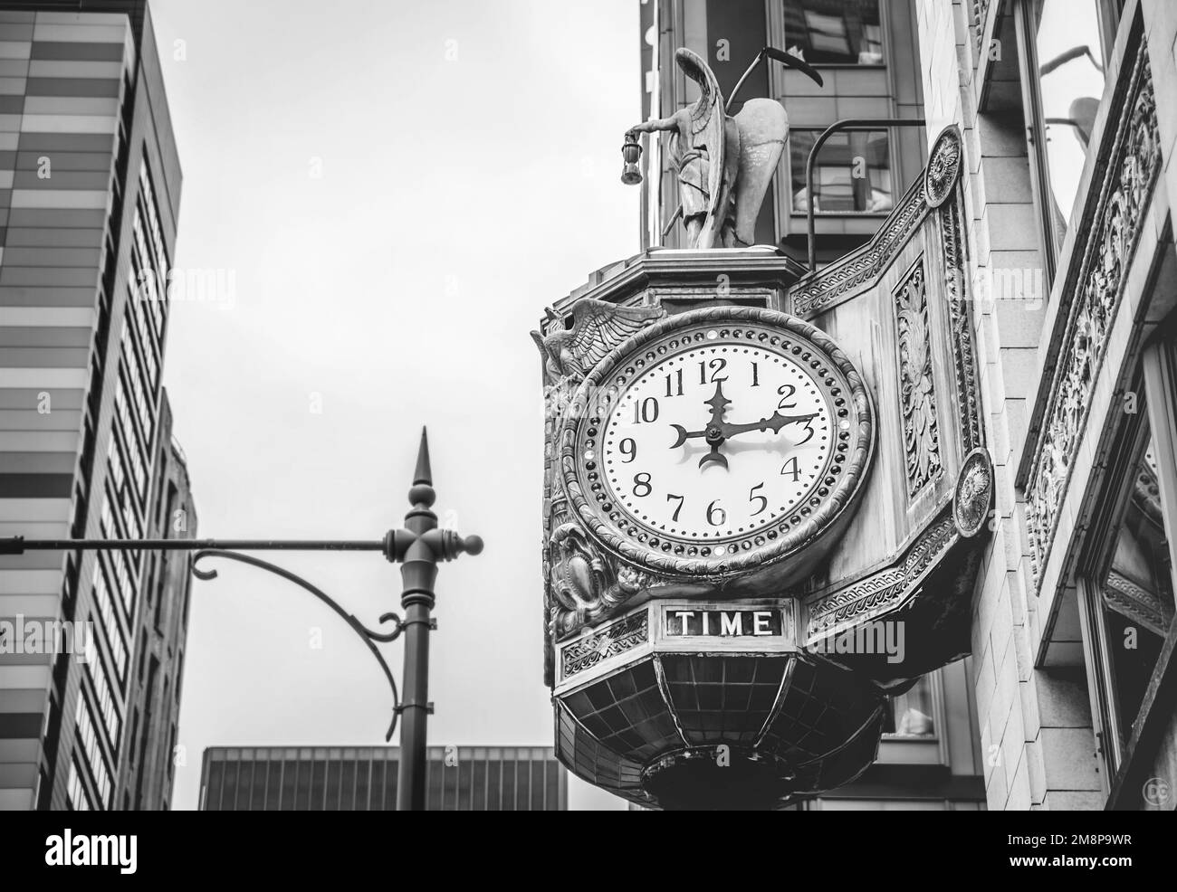 A grayscale of Father Time Clock in Chicago Quindio US Stock Photo - Alamy