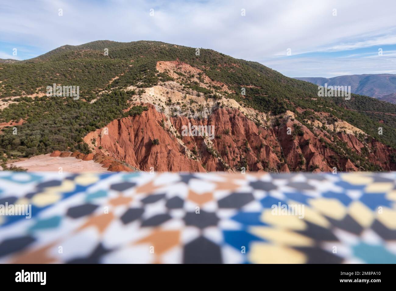 Panoramic view of the Atlas Mountains in Morocco and its curved roads ...