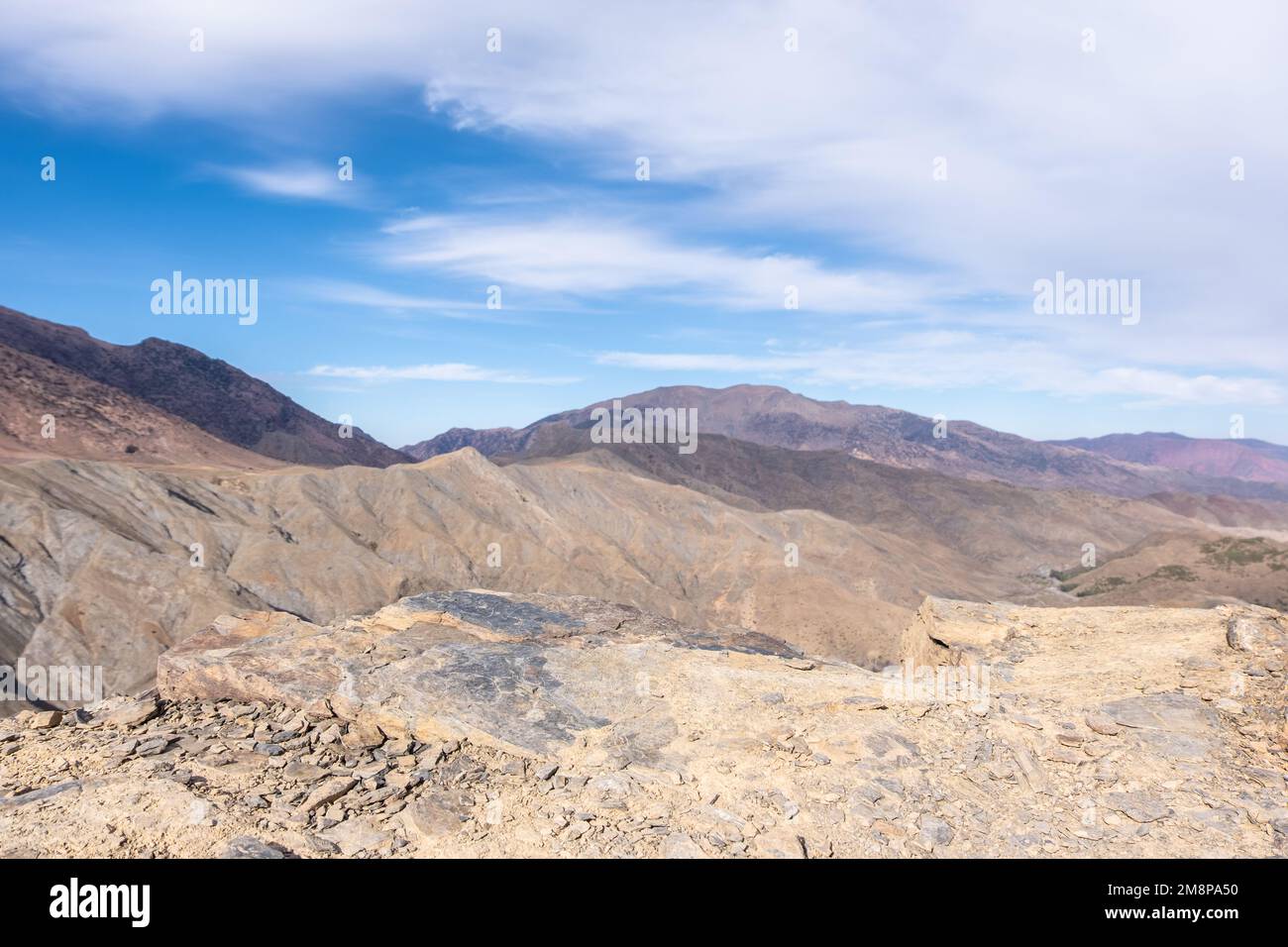 Panoramic view of the Atlas Mountains in Morocco and its curved roads ...