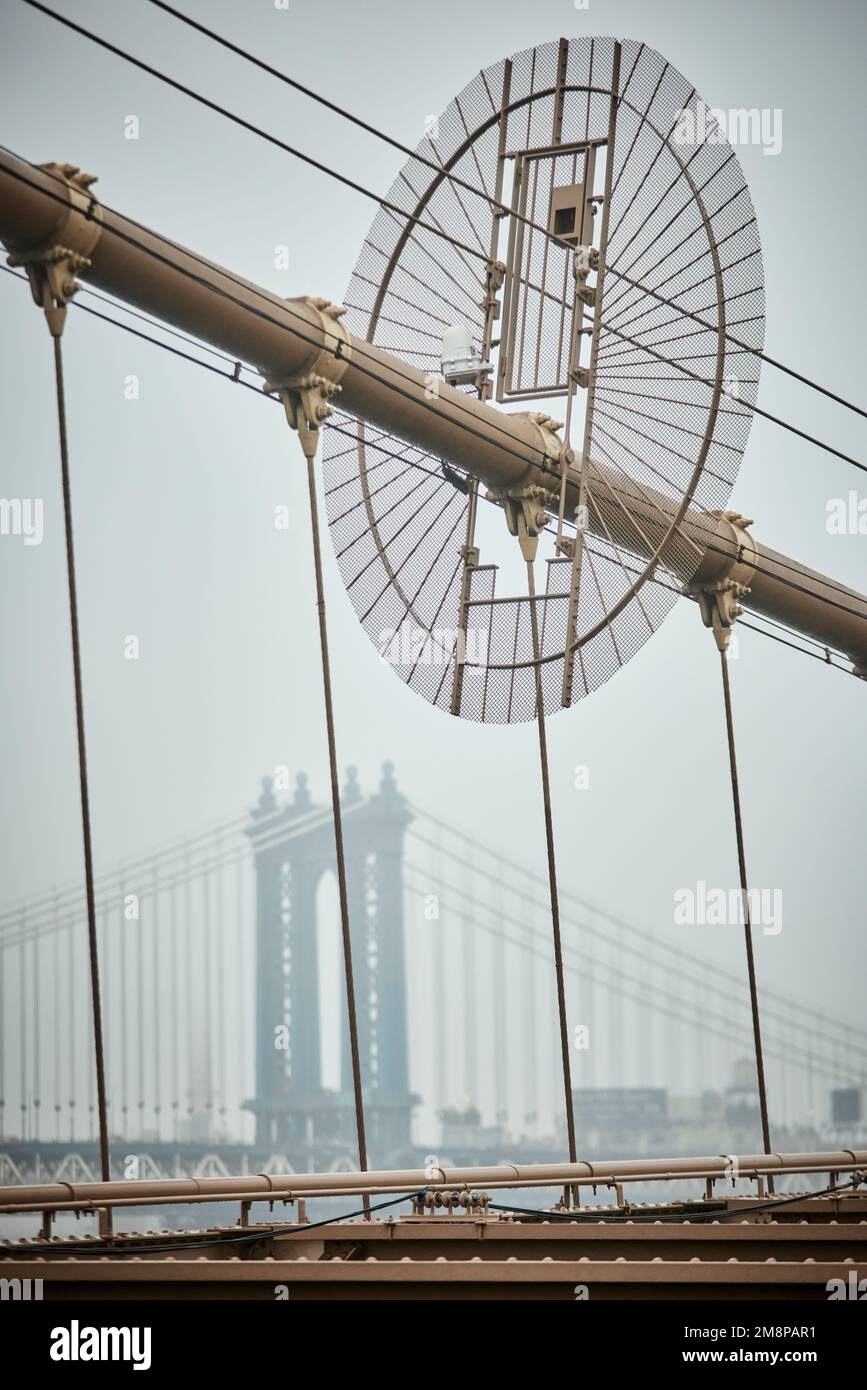 New York city Manhattan Brooklyn Bridge in the wet winder mist looking ...