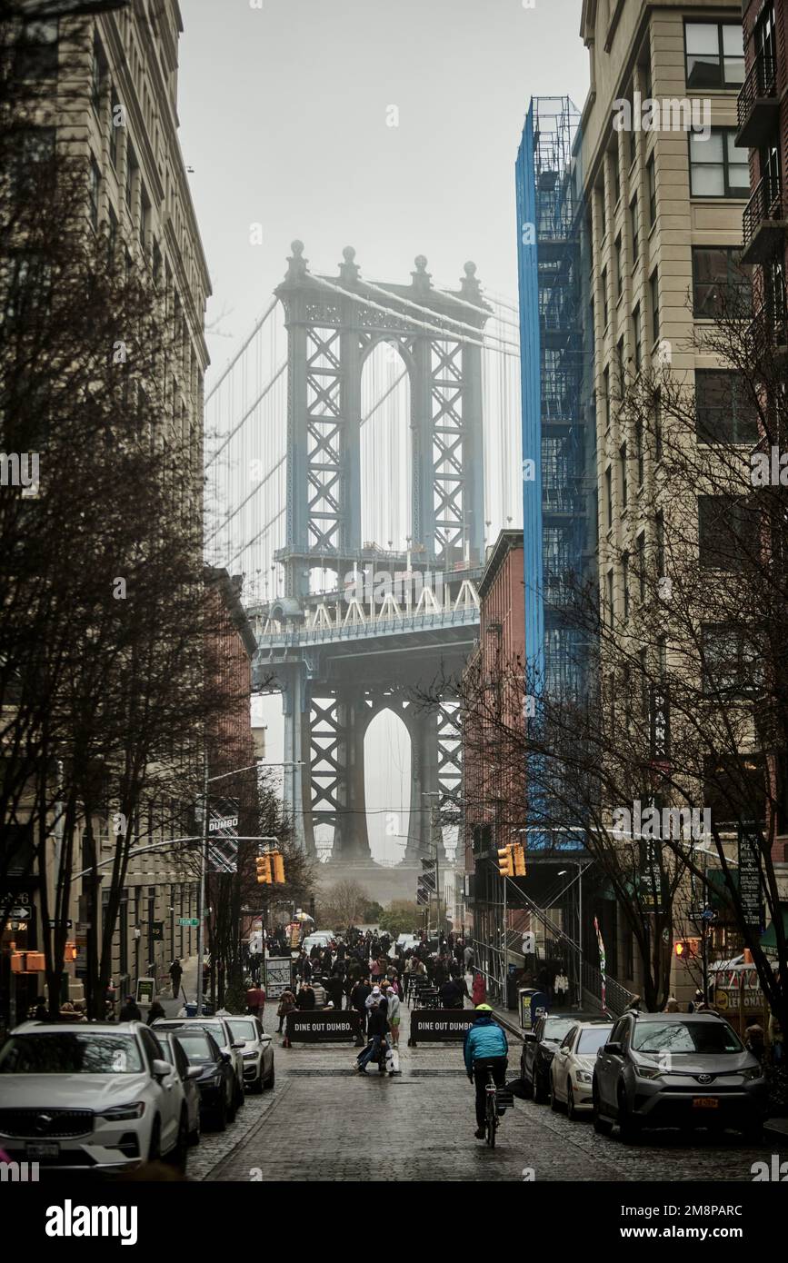 New York city Brooklyn Dumbo area with landmark Manhattan Bridge Stock ...