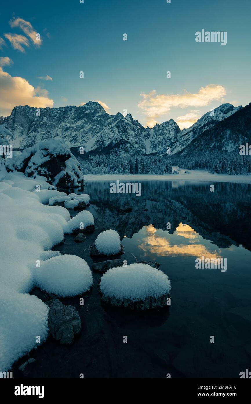 Frosty winter sunset at the lakes of Fusine, Friuli Venezia Giulia ...