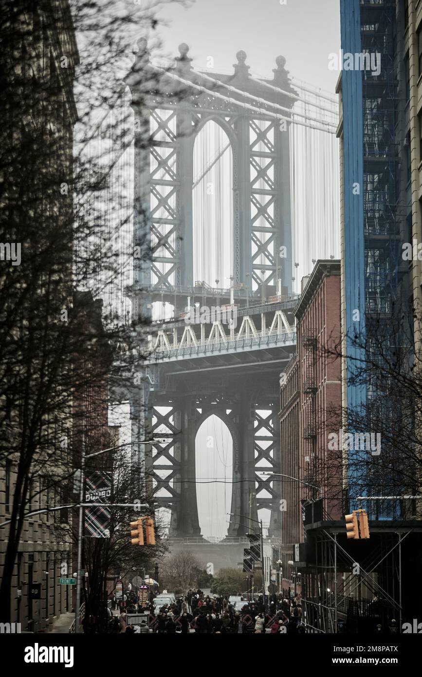 New York city Brooklyn Dumbo area with landmark Manhattan Bridge Stock ...