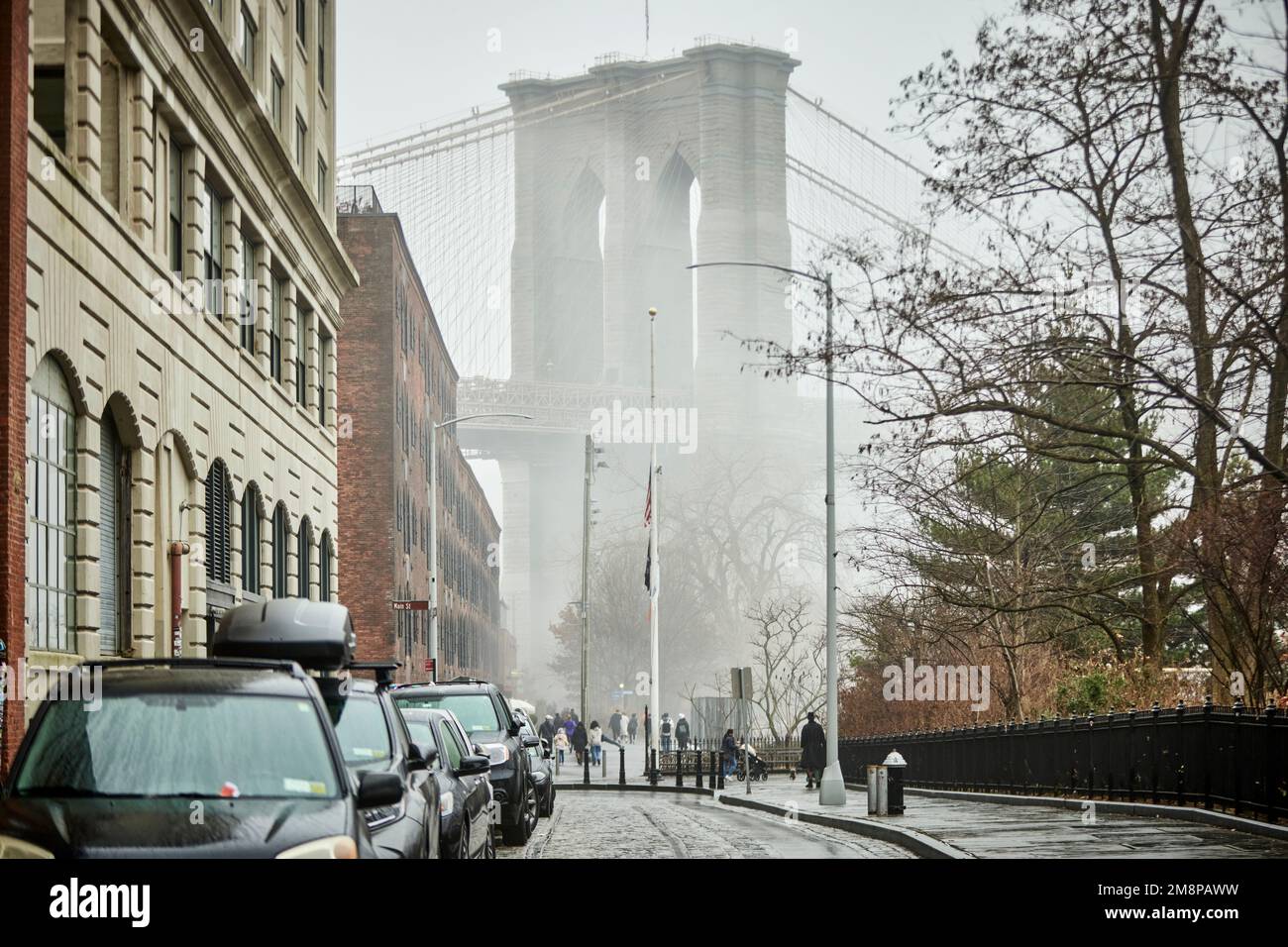 New York city Brooklyn Dumbo area with landmark Brooklyn Bridge Stock ...