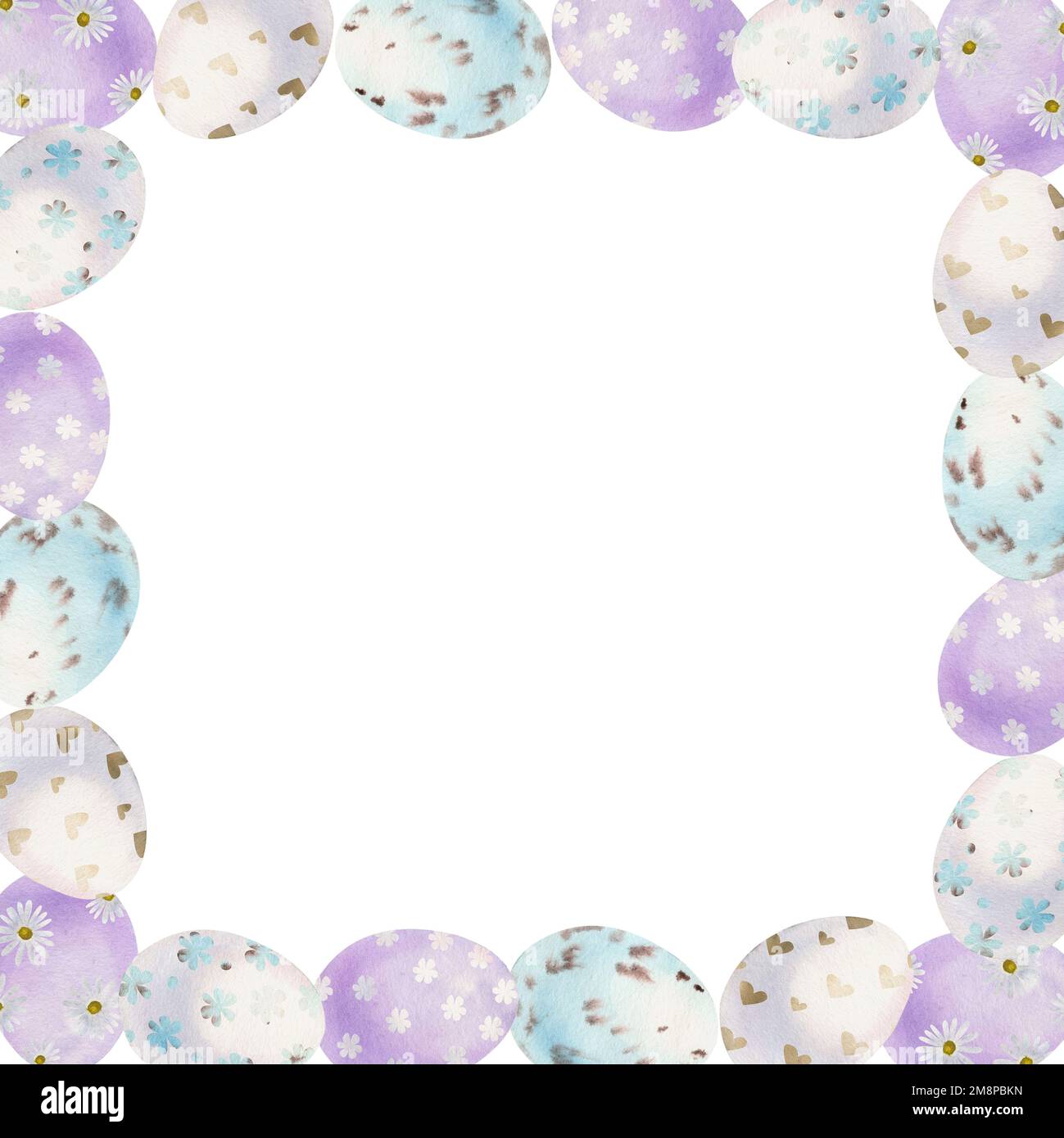 Watercolor hand drawn Easter celebration clipart. Border frame of eggs ...