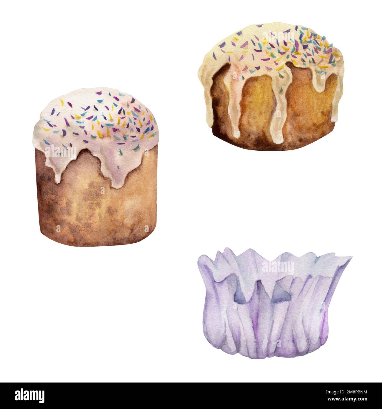 Watercolor hand drawn Easter celebration clipart. Set of kulich bread ...