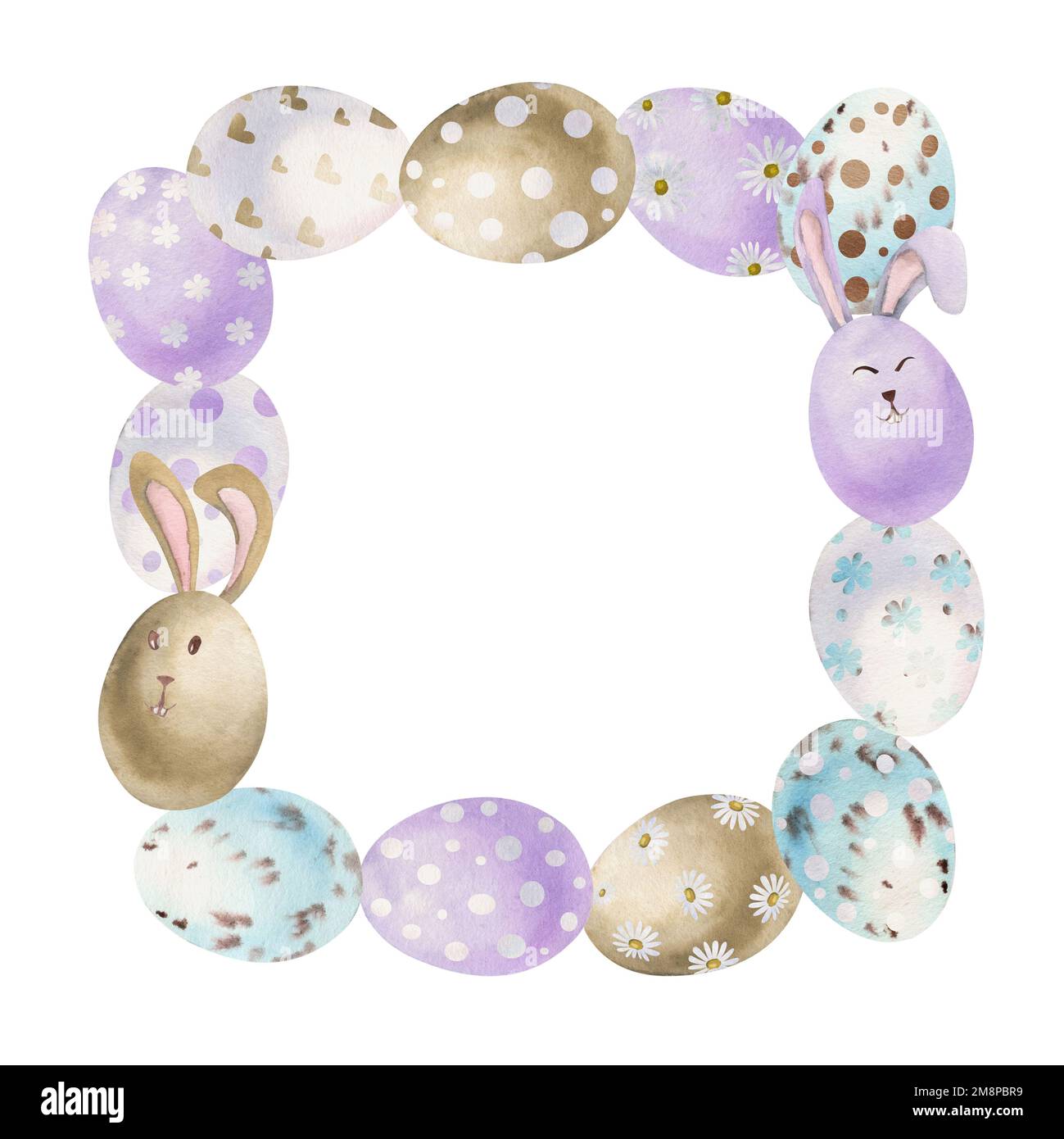 Watercolor hand drawn Easter celebration clipart. Border frame of eggs ...