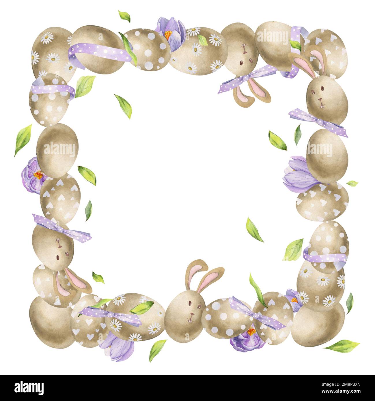 Watercolor hand drawn Easter celebration clipart. Border frame of eggs ...