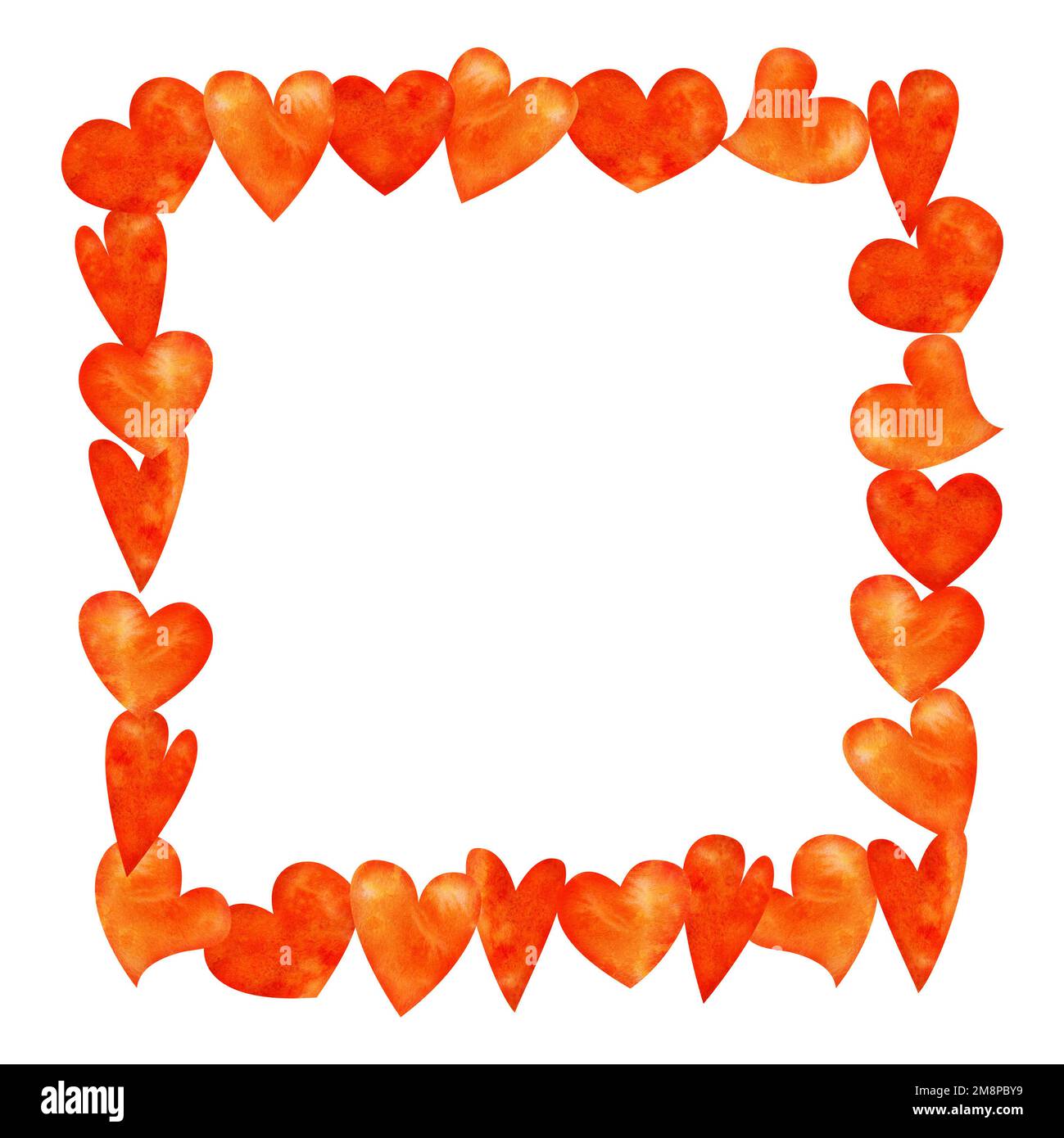 Watercolor hand drawn square frame of red and orange hearts for ...