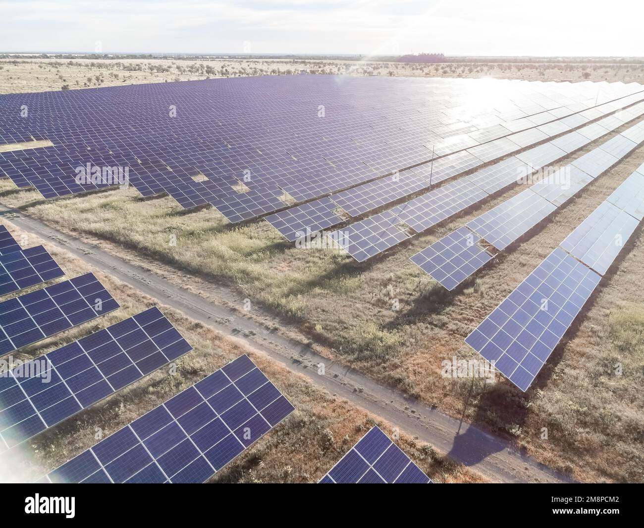 Aerial top view of a solar panels power plant. Photovoltaic solar ...