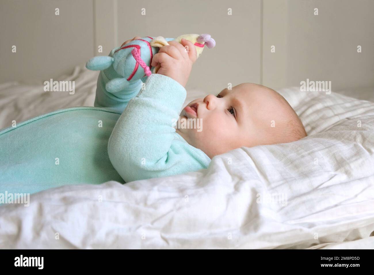 Cute Newborn Baby Lying on the Back and Plays with Colorful Toys ...