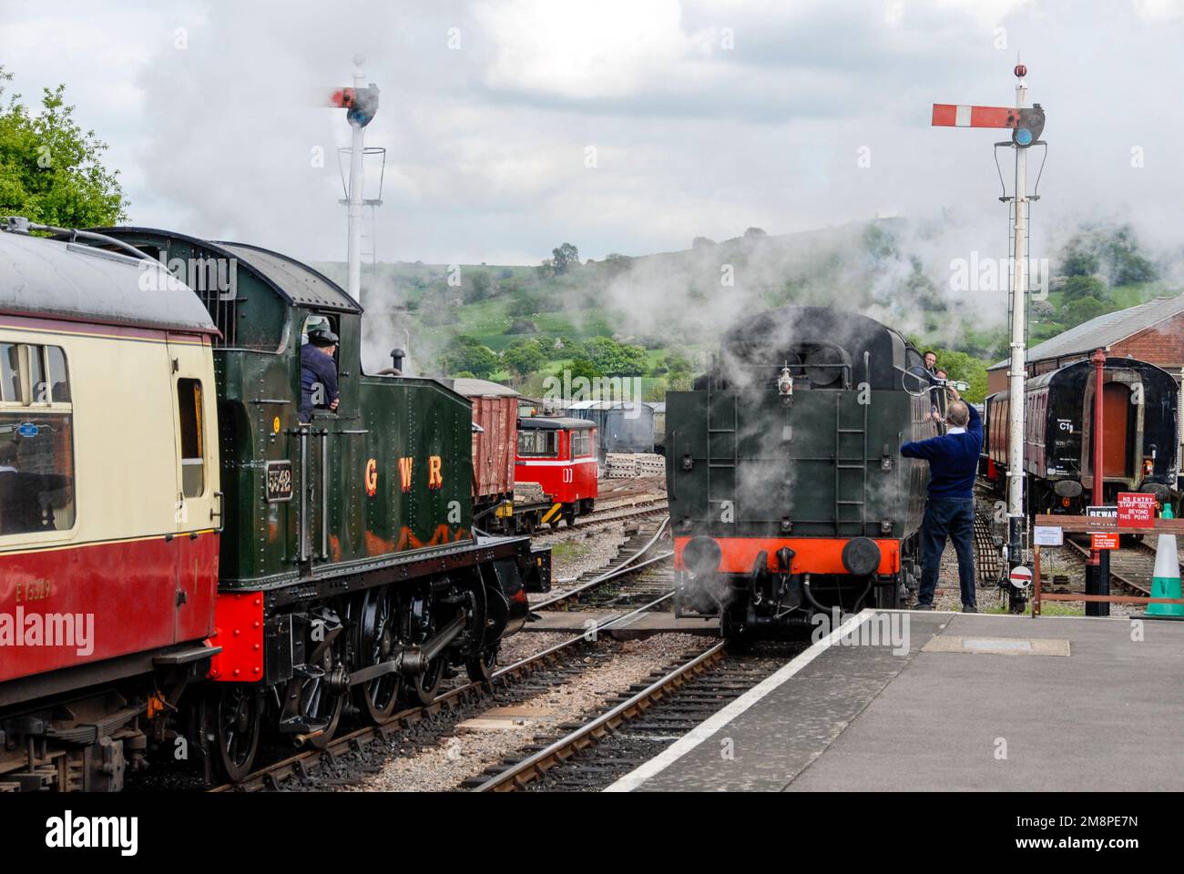 Two steam trains travelled in opposite directions at Winchcombe station ...