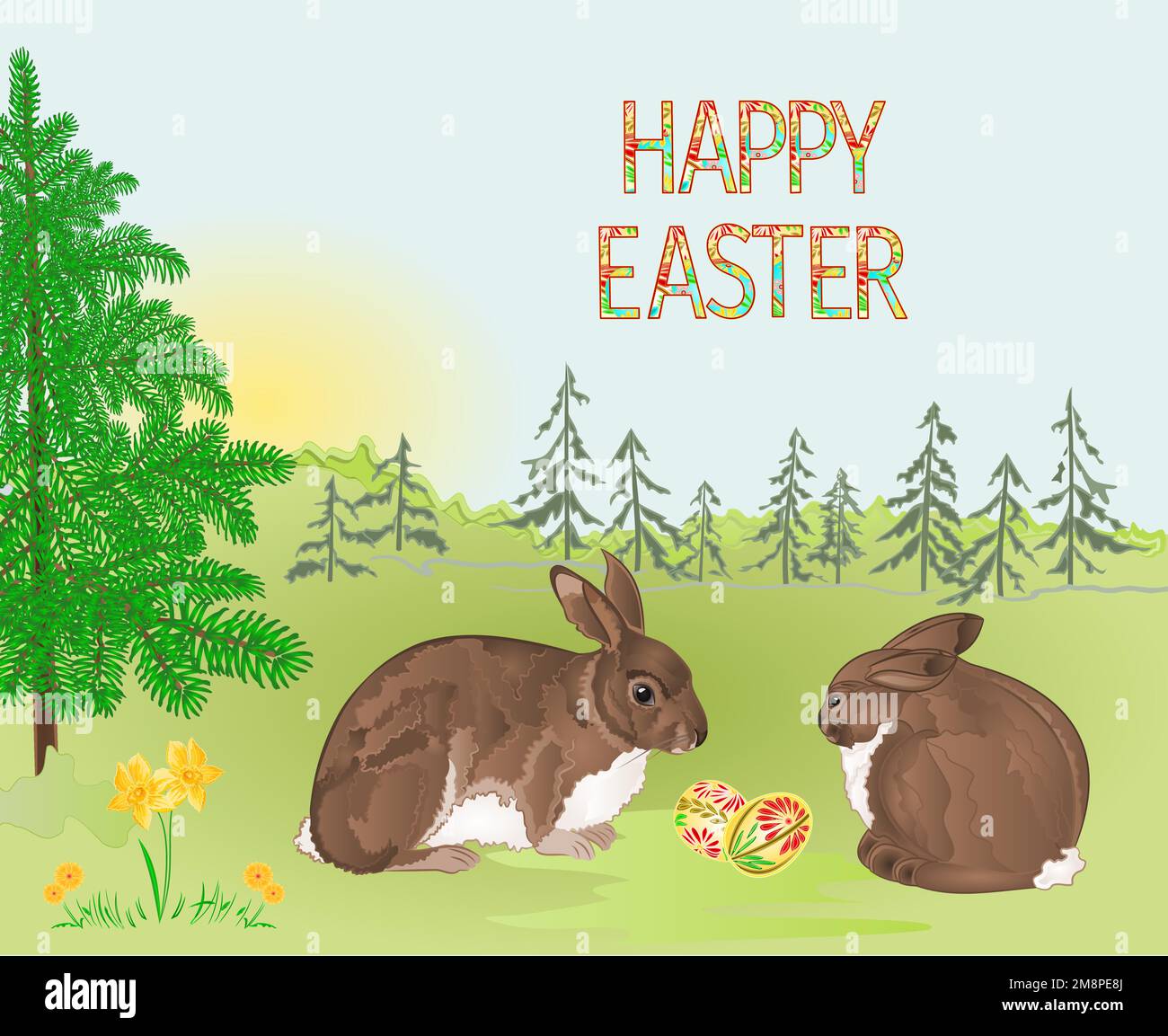 Spring landscape forest Easter rabbits and easter eggs in the grass ...