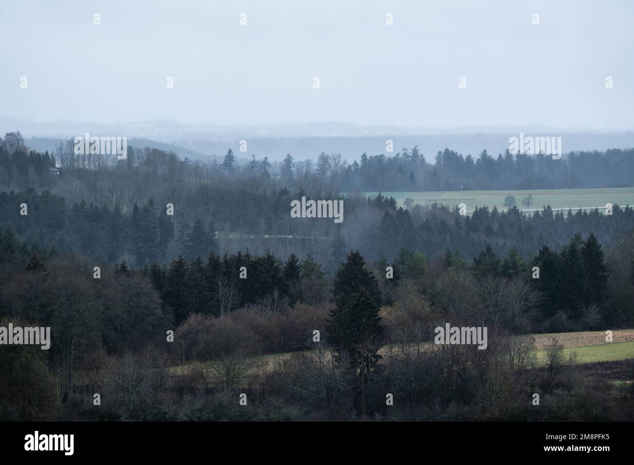 15 January 2023, Baden-Wuerttemberg, Schömberg: Low clouds hang over ...