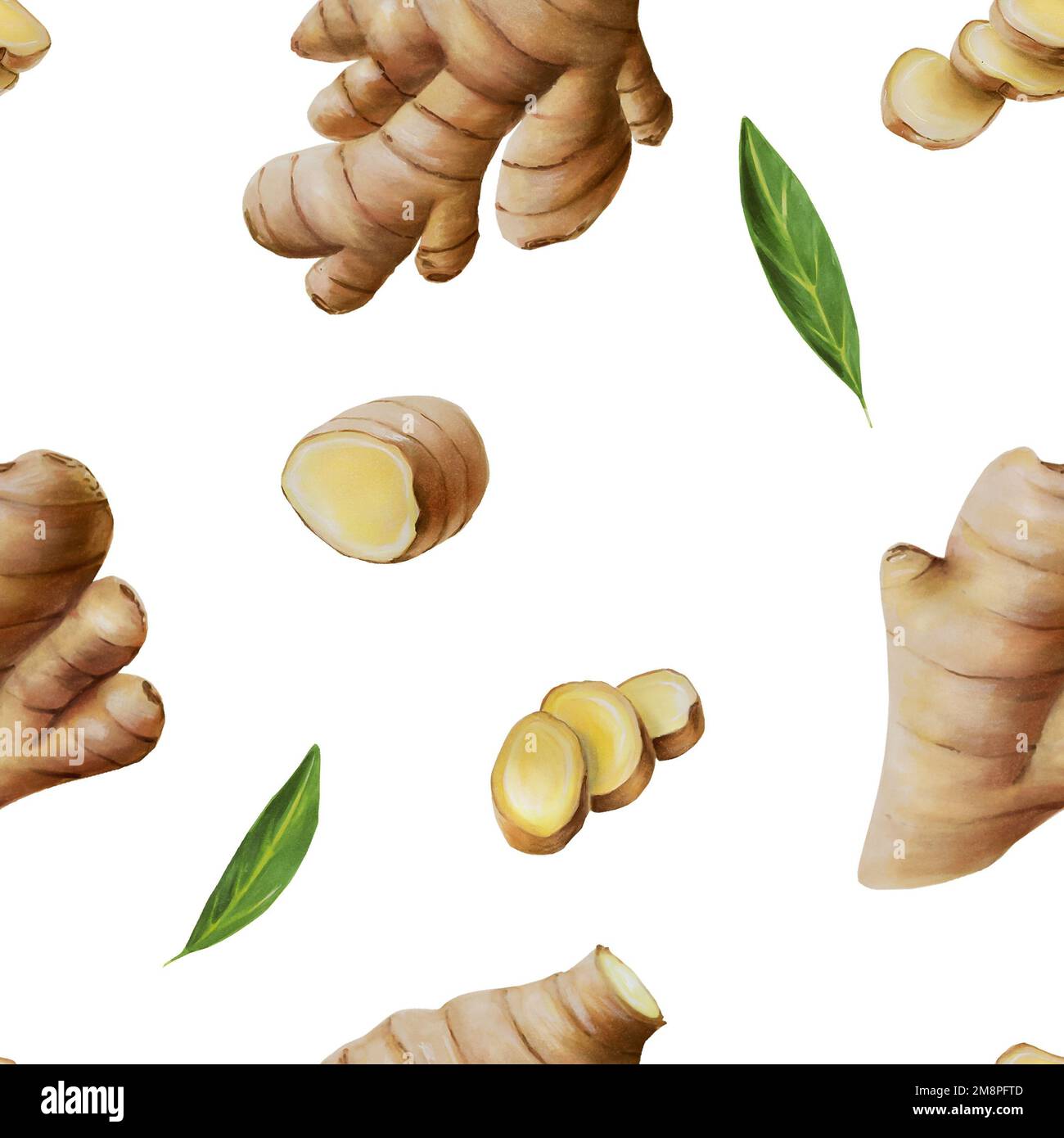 Watercolor seamless pattern with ginger. Includes ginger root and leafs ...