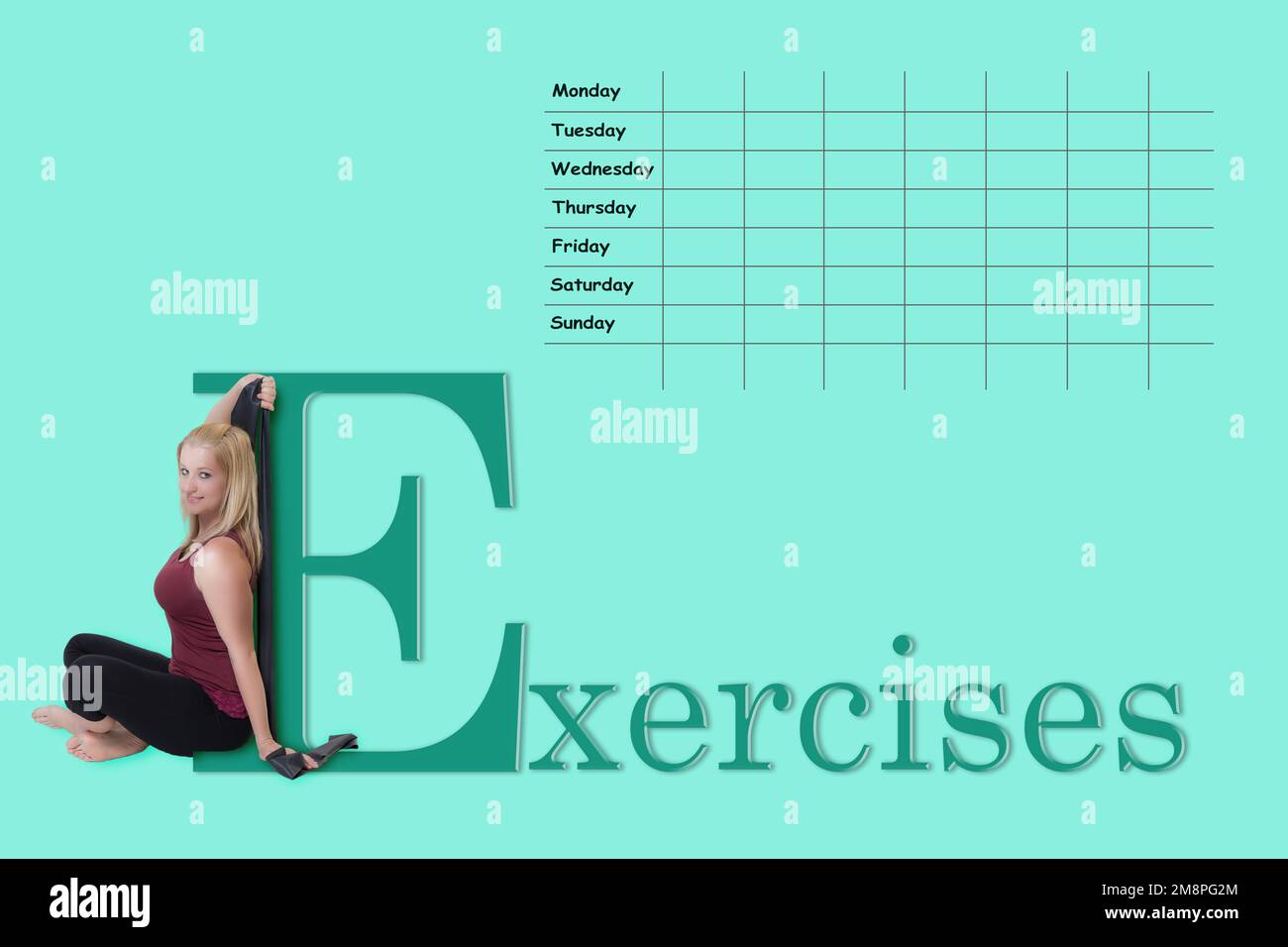 Exercise planning template with posing young woman and a blank weekly ...