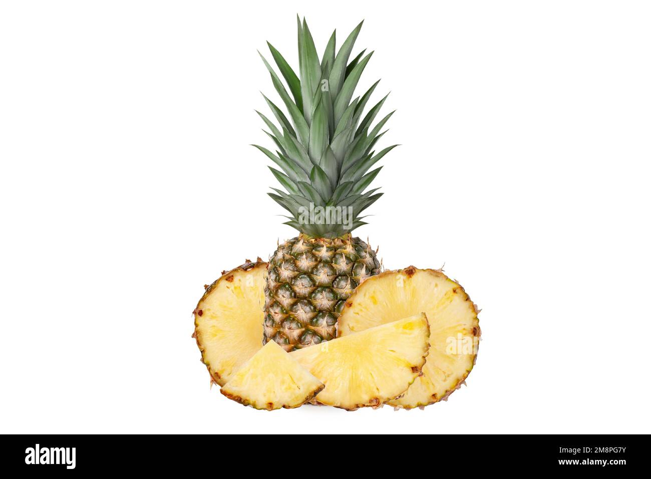 Whole juicy fresh pineapple. Pieces of pineapple circles, rings, halves ...