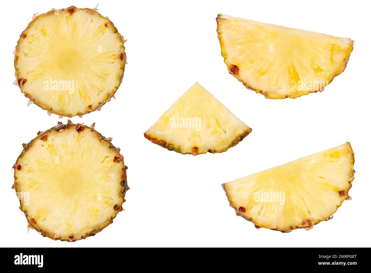 Pieces of fresh juicy pineapple rings, half, quarter. Isolated Stock ...