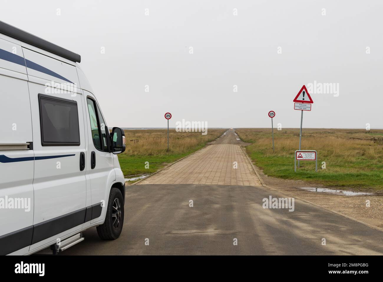 Mando, Denmark - Novemebr 15, 2022: Camper at stop and warning signs ...