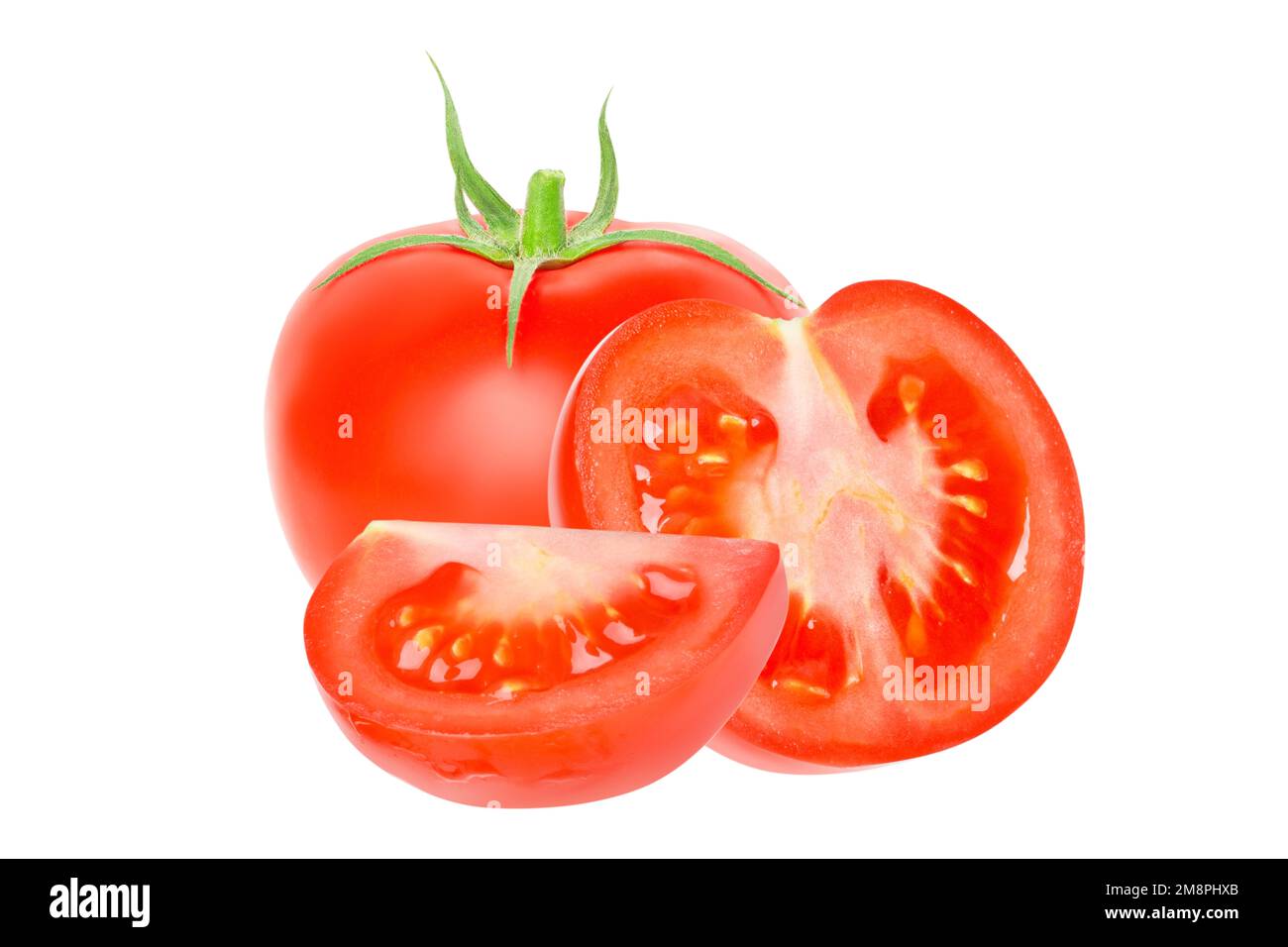 Whole fresh tomato. Two pieces of tomato, cut in half and quartered ...