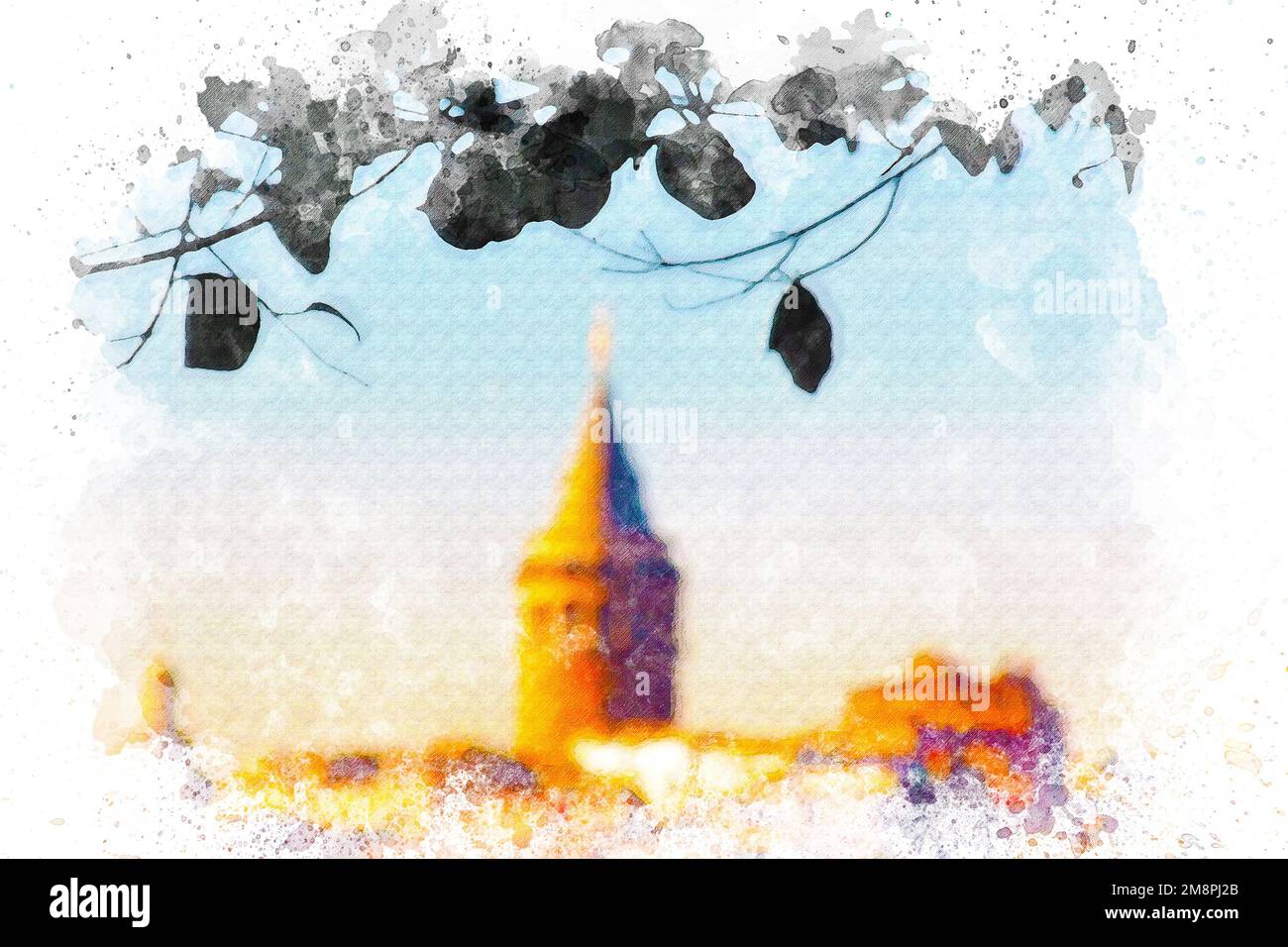 Watercolor art, Galata tower at sunset on leaf silhouette background ...