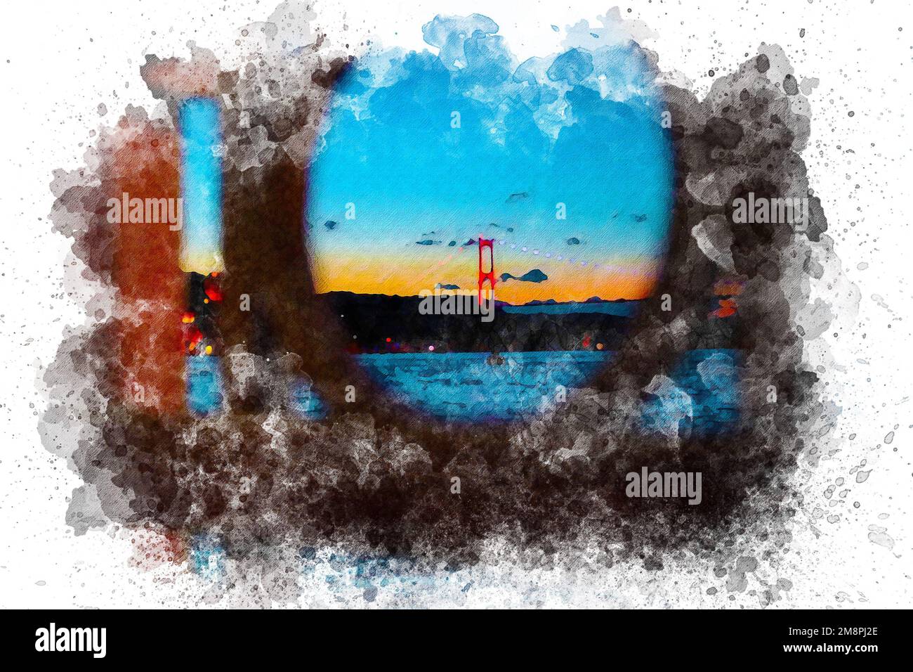 Watercolor art Istanbul Bosphorus Bridge at sunset Stock Photo - Alamy