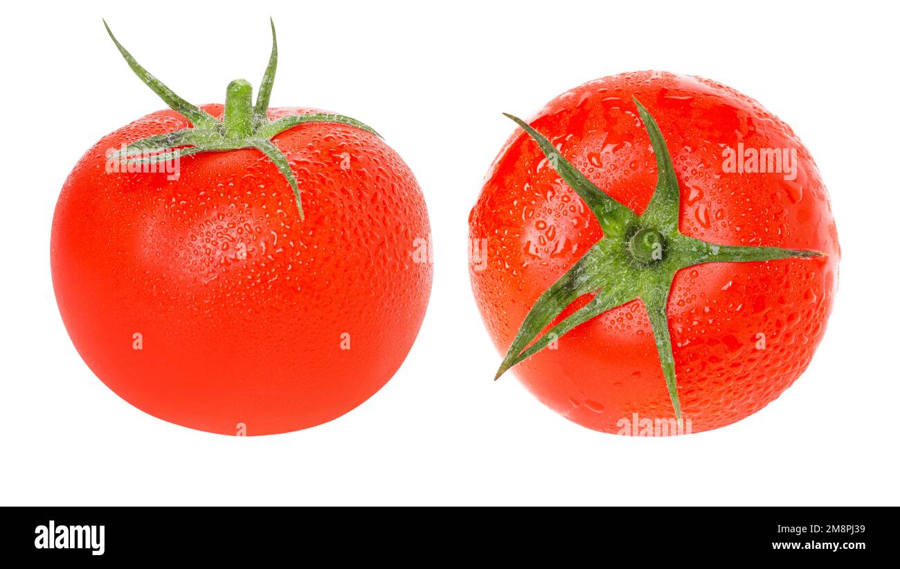 Set of fresh tomatoes with water drops from two angles. Isolated Stock ...