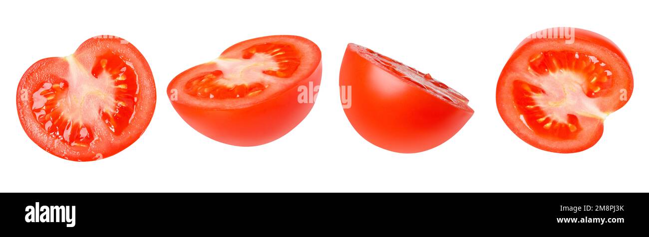 A set of tomatoes cut in half from different angles. Isolated Stock ...