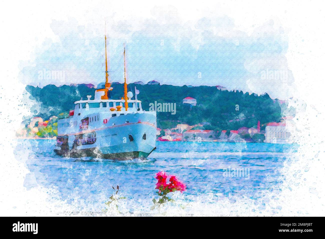Watercolor art,historical ferries carrying passengers in the Bosphorus ...