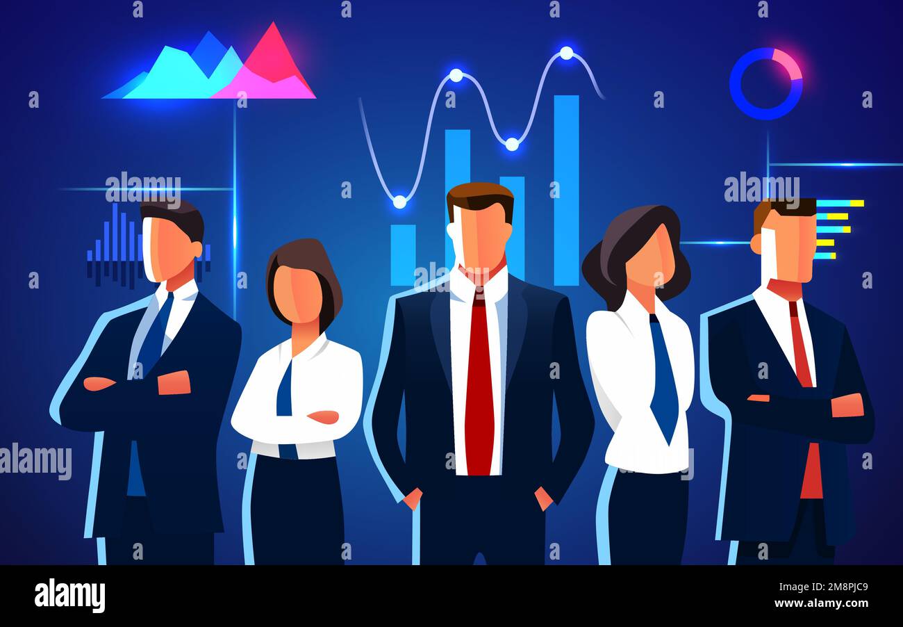 Business people standing together as a team. Infographics and data ...