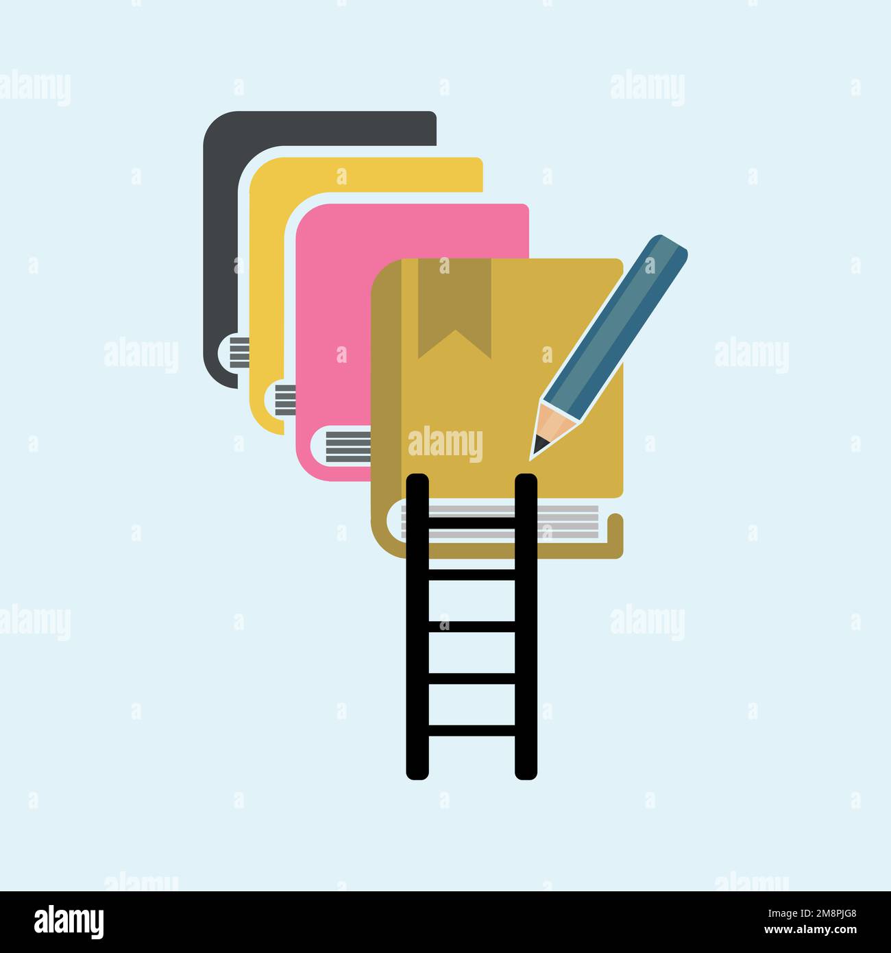 horizontal stack of colored books in isometric with pensile and ladder ...