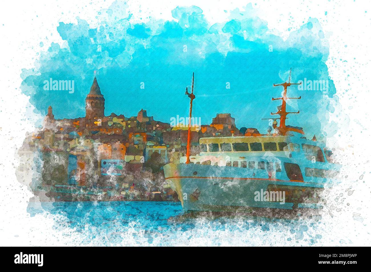Watercolor art Passenger ferry passing through Bosphorus and Galata ...
