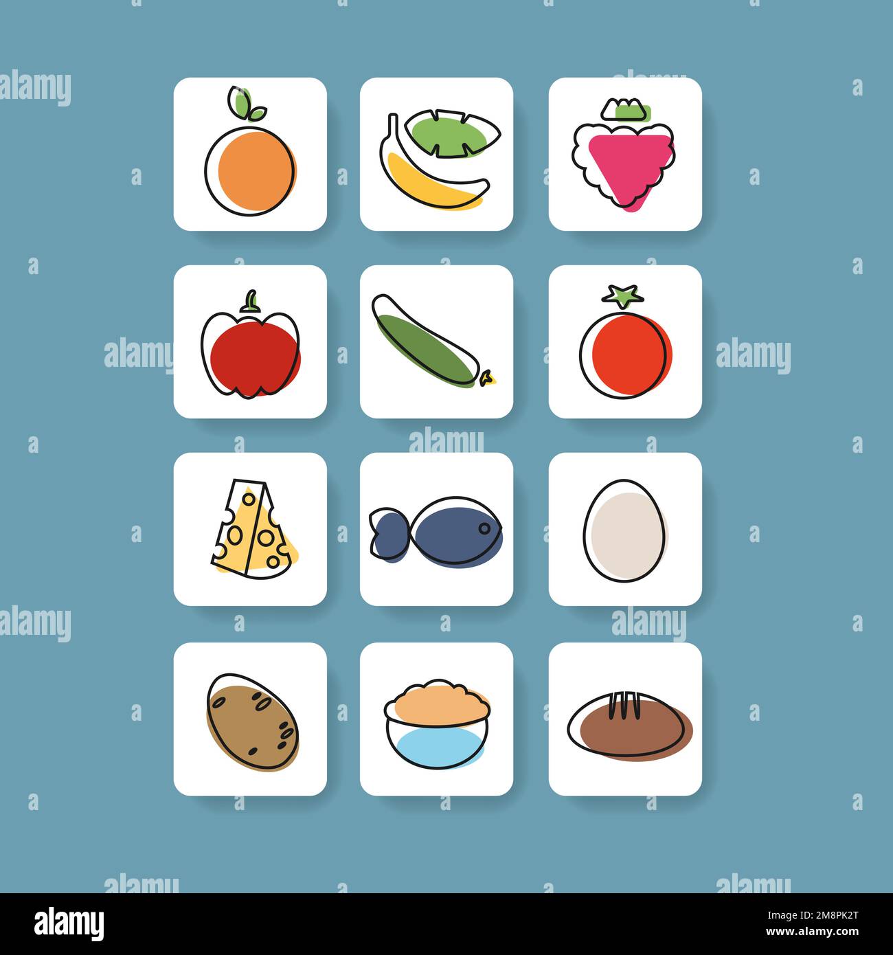 Set of colorful fruit and vegetable square button icons for app healthy ...