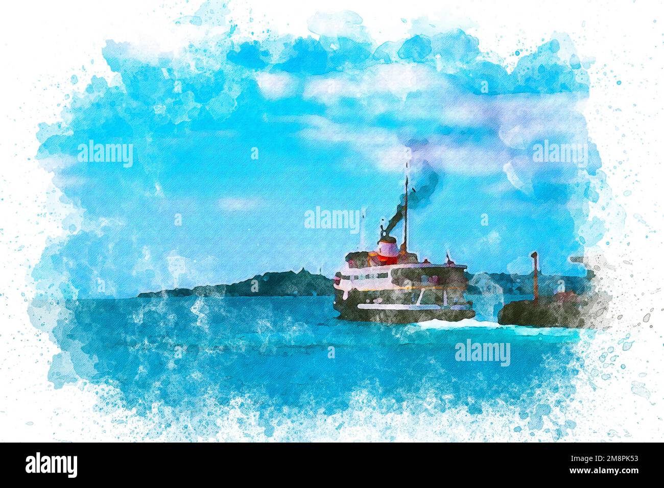 Watercolor art,historical ferries carrying passengers in the Bosphorus ...