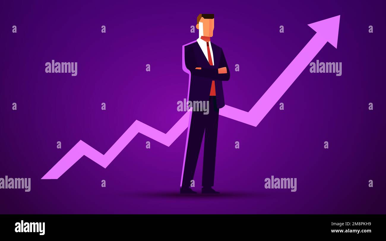 Businessman stands in front of a growing arrow. Symbol of success ...