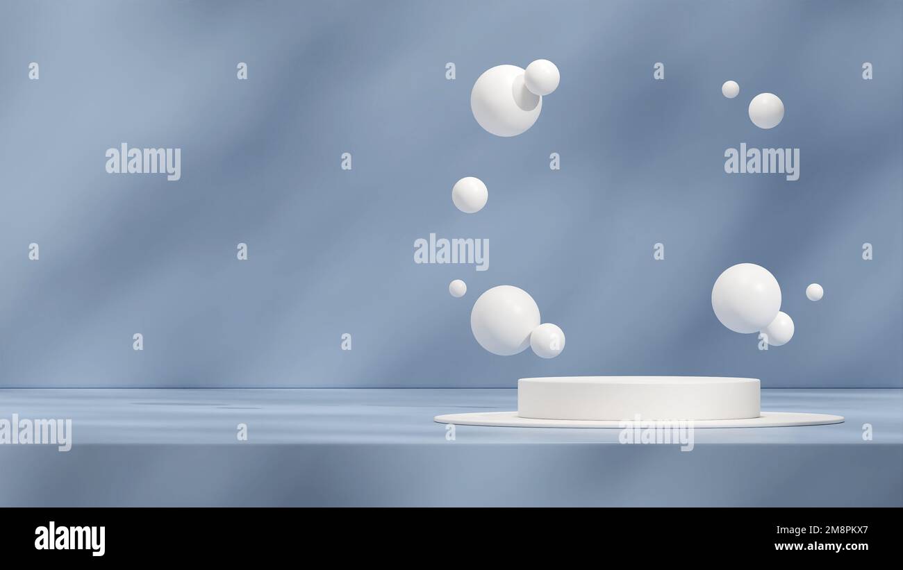 A 3D rendering of white product display podiums with floating glass ...