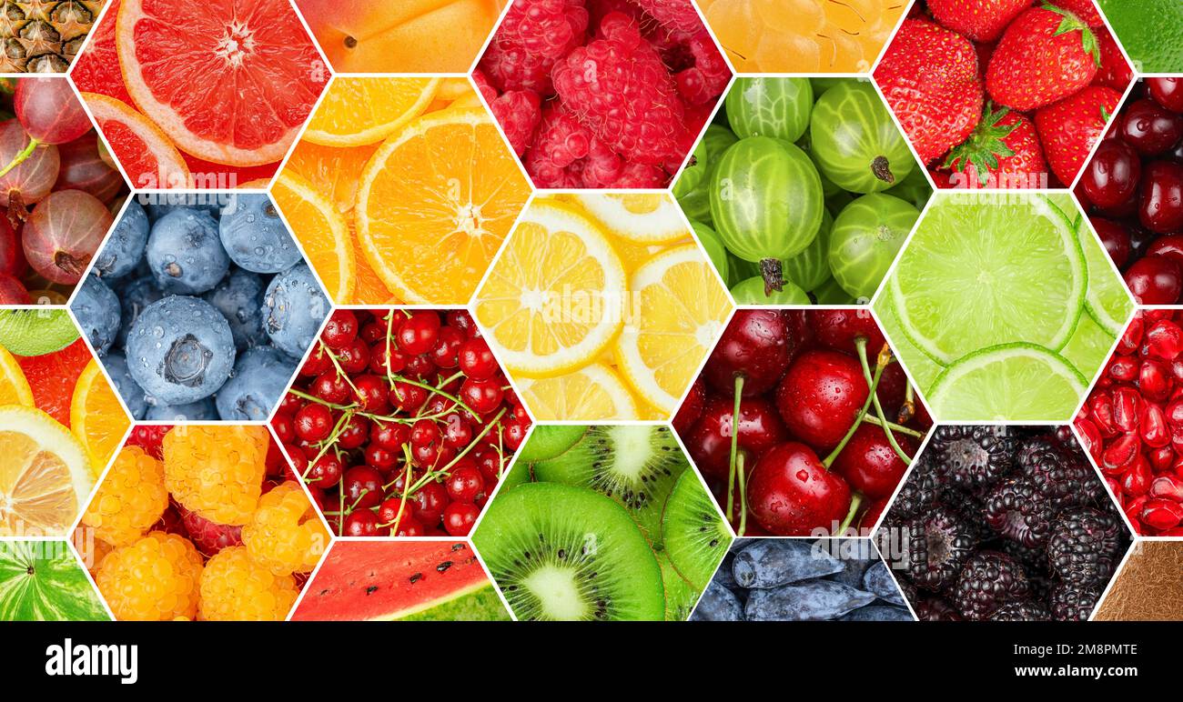 Collage of mixed berries and fruits in hexagon structure Stock Photo ...