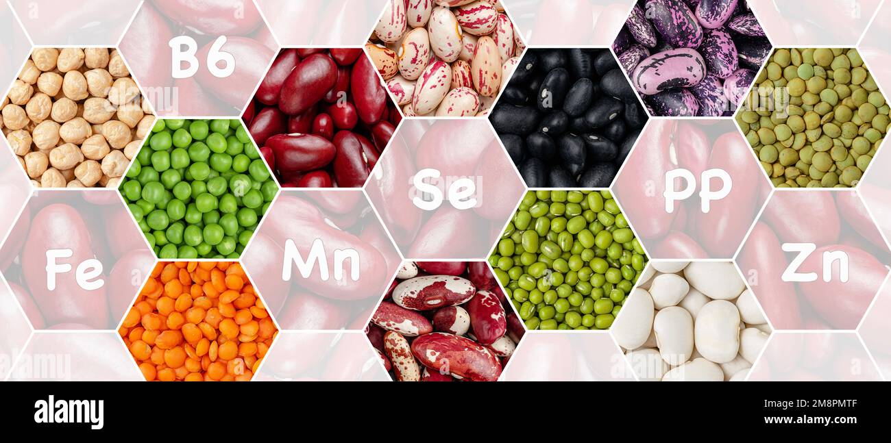 Collage of mixed legumes in hexagon structure Stock Photo - Alamy