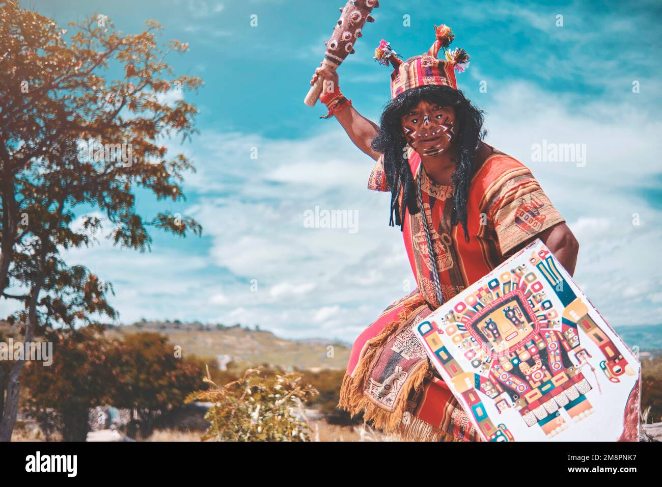 Representation of Inca warrior dressed and with battle weapons ...