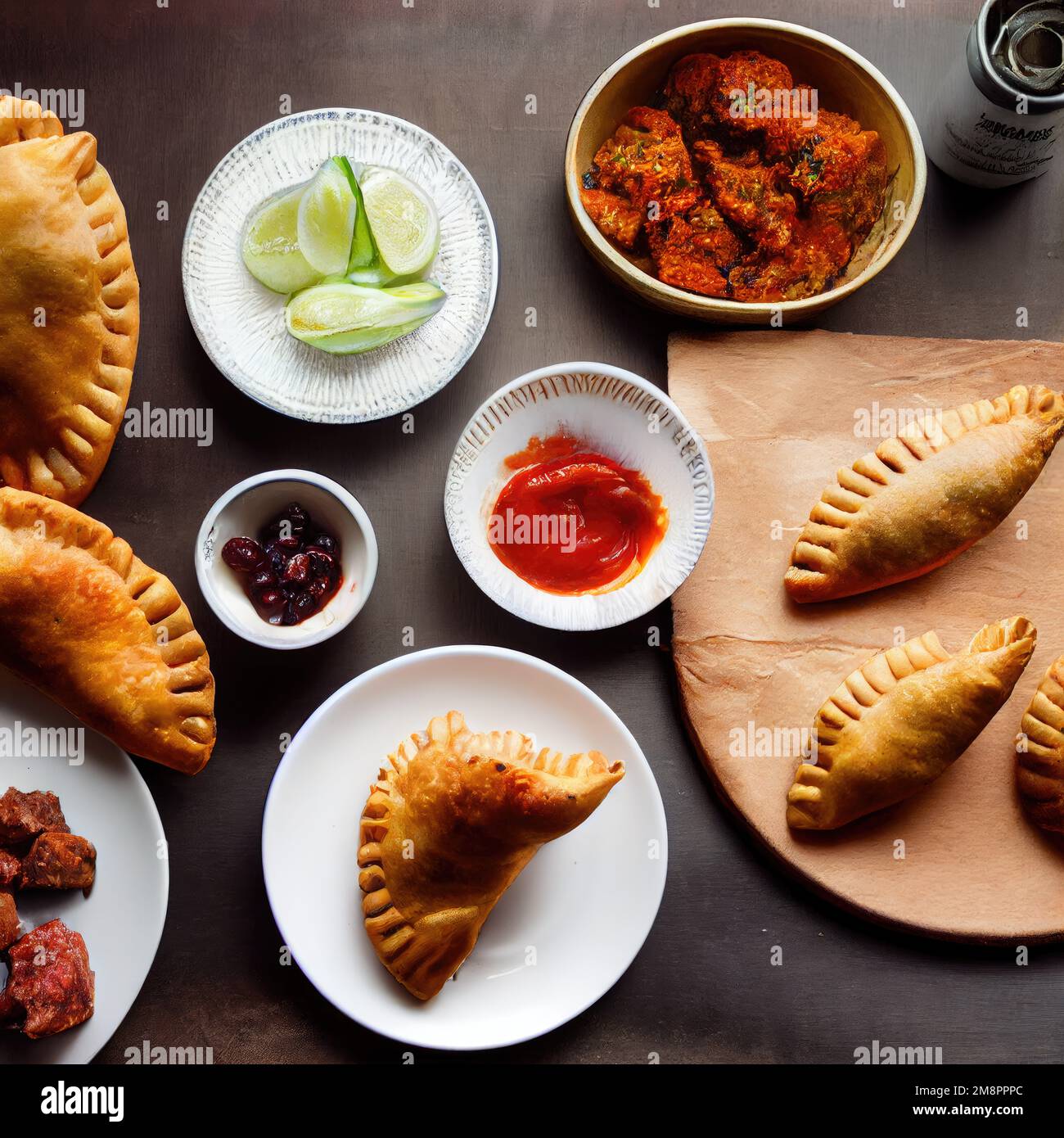 This top-down food photography image features a colorful array of ...